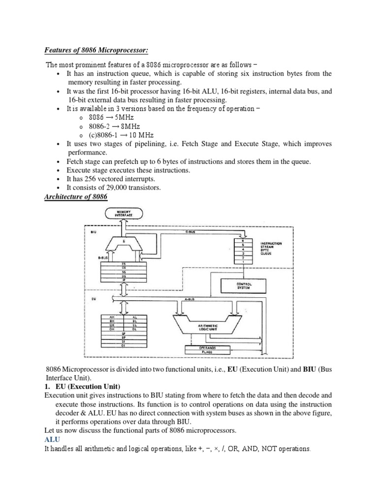 Features of 8086 Microprocessor:: 1. EU (Execution Unit) | PDF ...