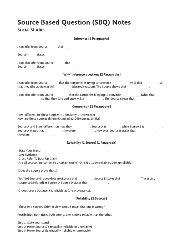 Source Based Question (SBQ) Formats, Social Studies | PDF | Psychological Concepts | Cognition