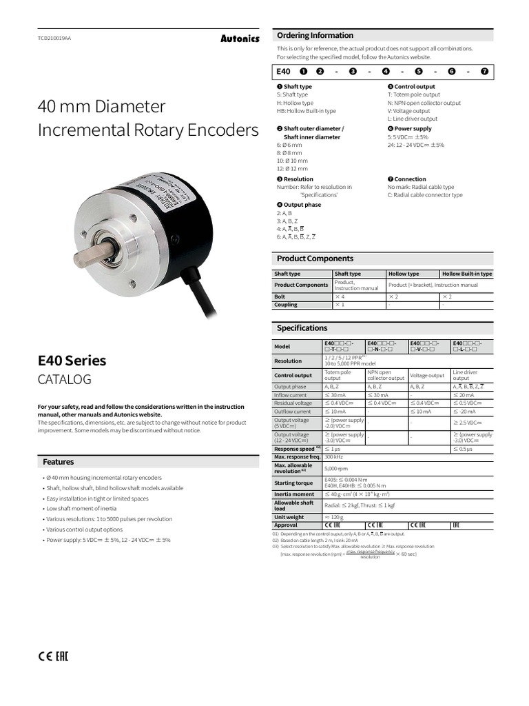 40 MM Diameter Incremental Rotary Encoders: E40 Series | PDF | Power Supply | Electrical Engineering