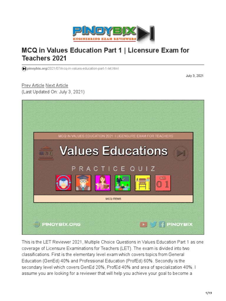 MCQ in Values Education Part 1 Licensure Exam For Teachers 2021 | PDF ...