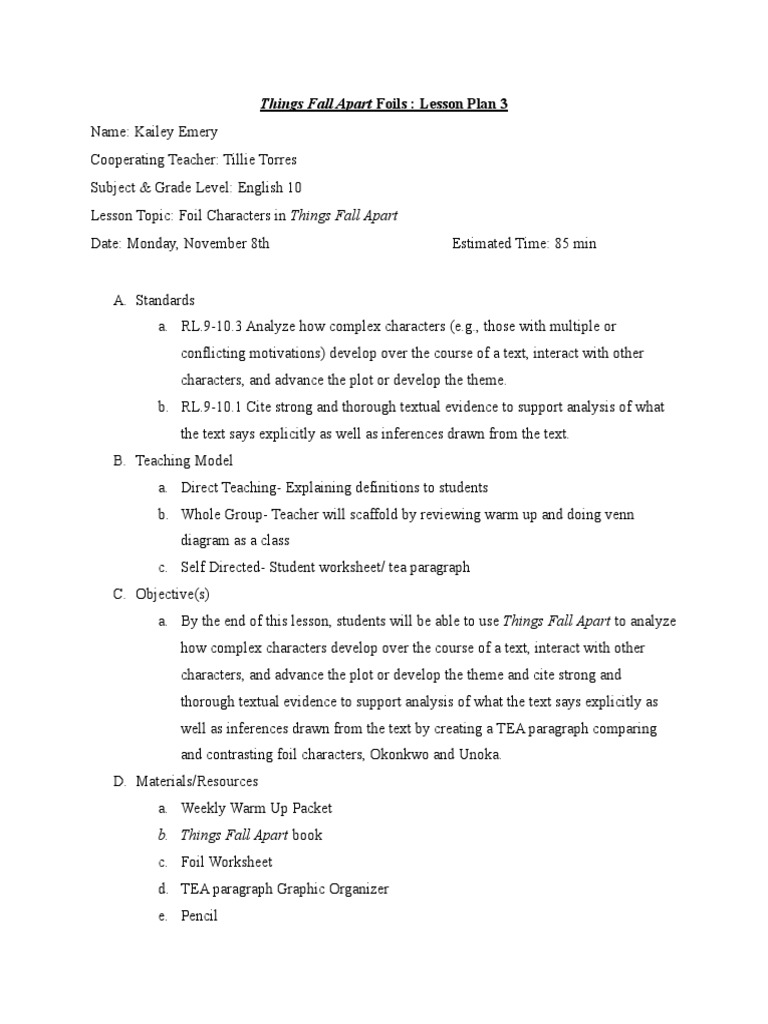 Things Fall Apart Foils Lesson Plan 3 | PDF | Cognition | Learning