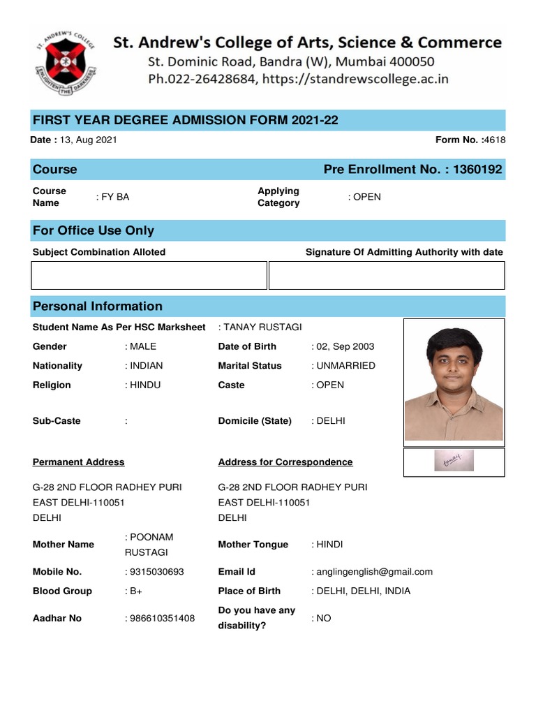 First Year Degree Admission Form 2021-22 | Download Free PDF | College