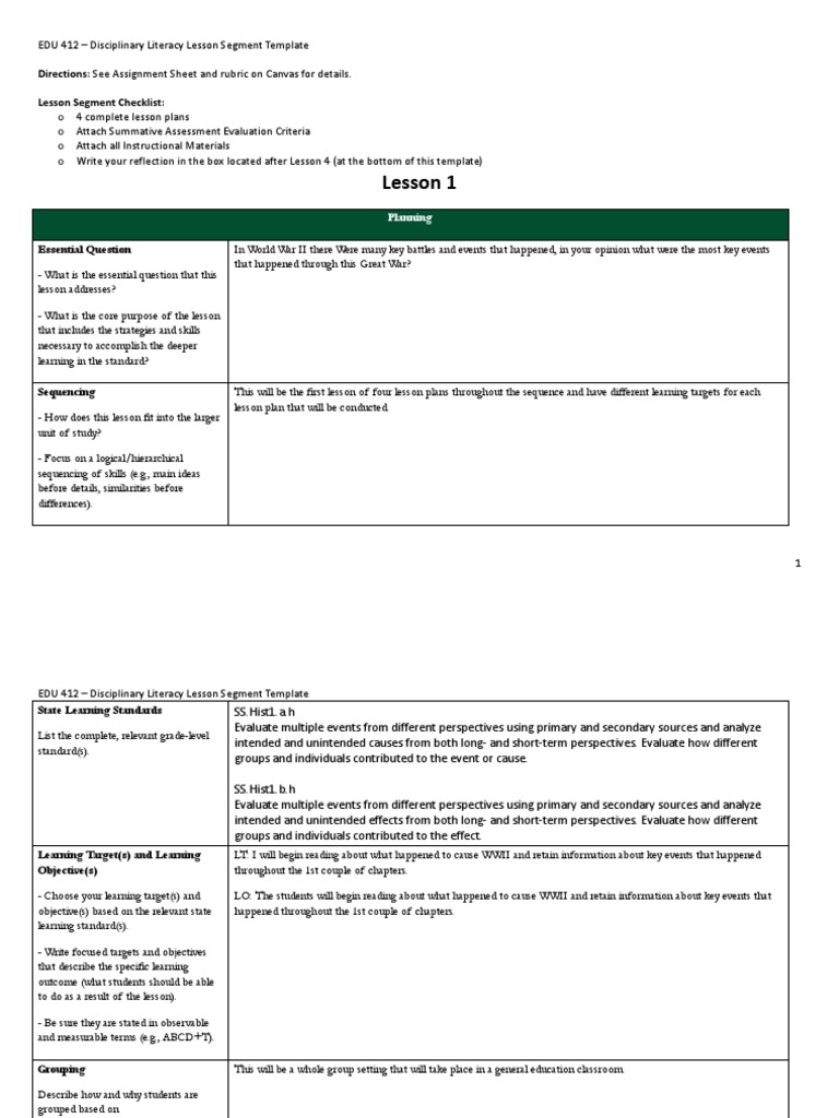 Edu 412 Disciplinary Literacy Lesson Plan | PDF | Educational ...