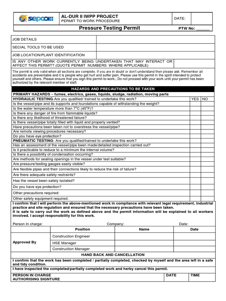 17 - Pressure Testing Permit (A4) | PDF | Pipe (Fluid Conveyance) | Safety