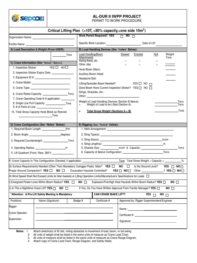 Critical Lifting Plan 10T, 80% Capacity, One Side 10m: Al-Dur Ii Iwpp ...