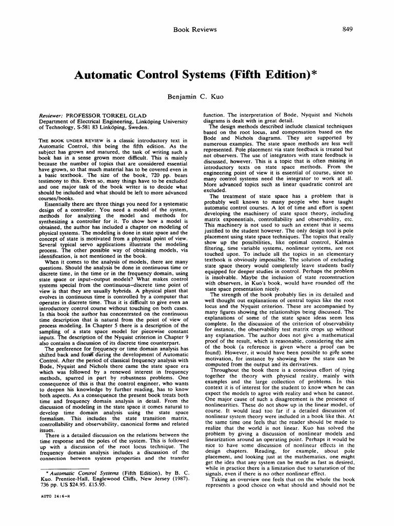 Automatic Control Systems Fifth Edition Benjamin C Kuo | PDF | Control ...