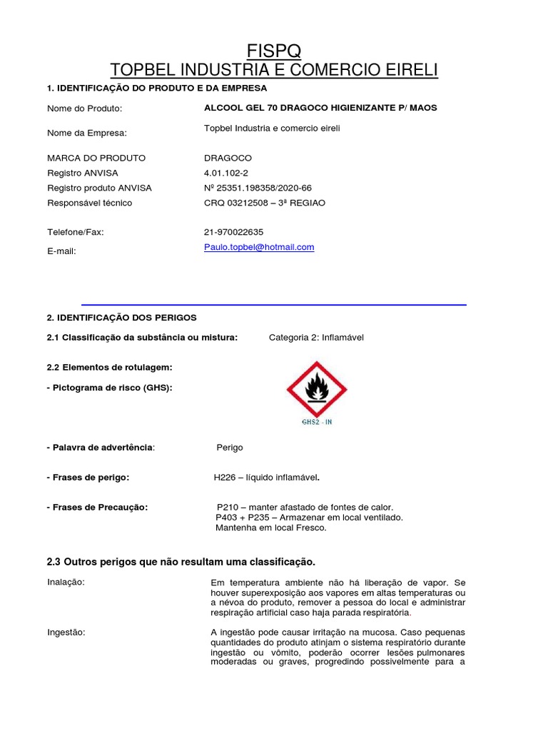 Alcool Gel 70 DragoCo Higiênizante p/ Mãos: Ficha de Informações de ...