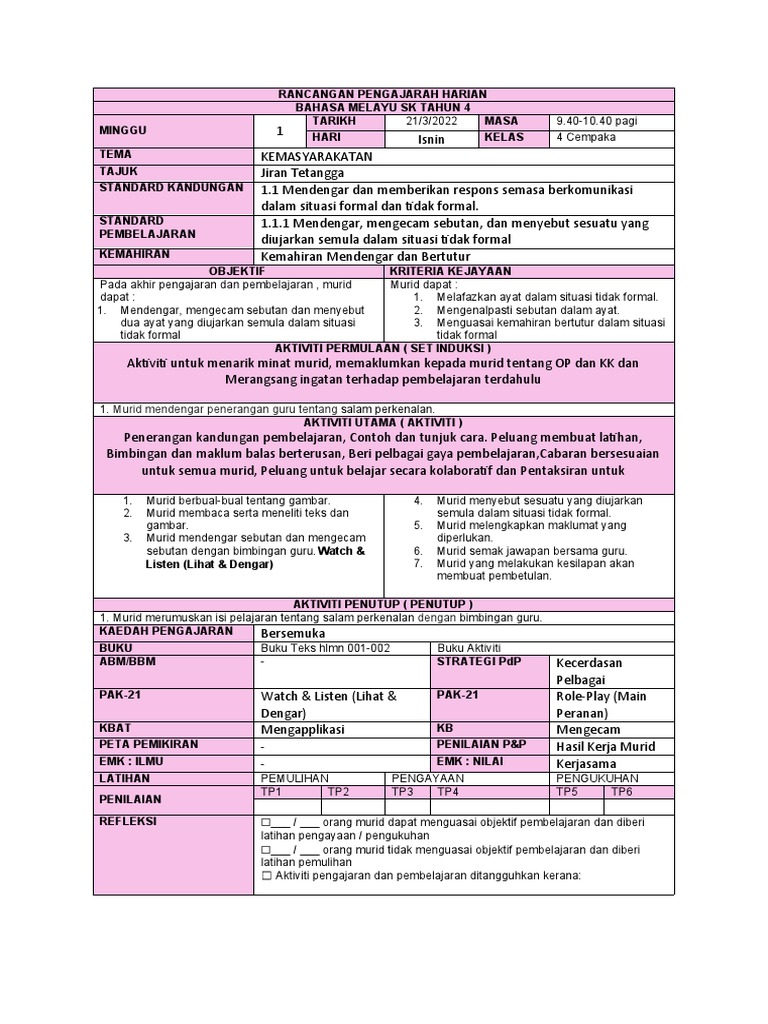 Contoh Penulisan RPH | PDF