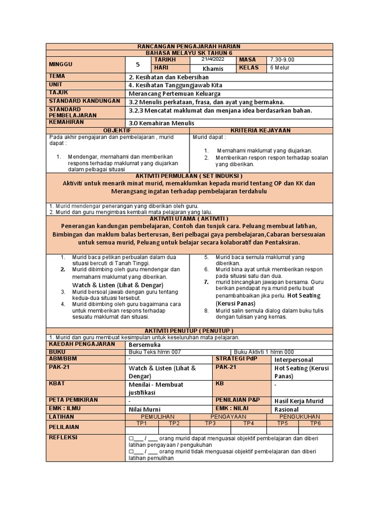 Contoh Penulisan RPH | PDF