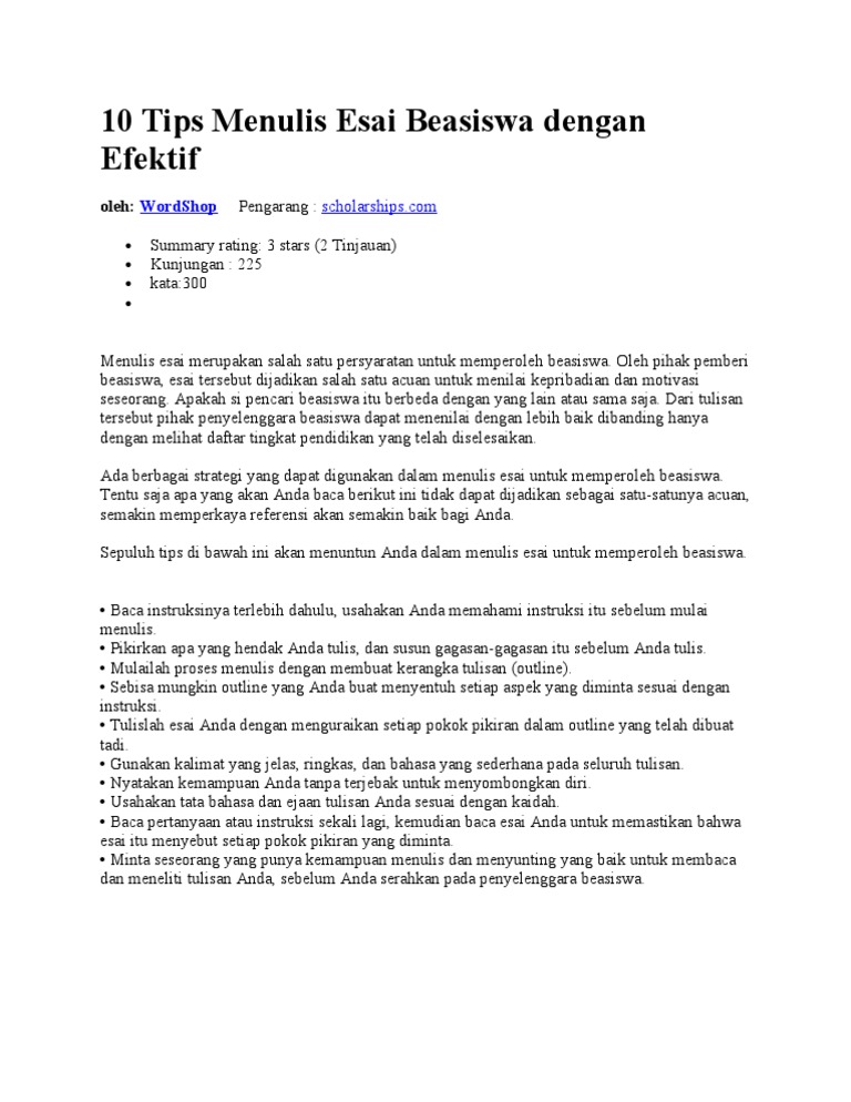 10 Tips Menulis Esai Beasiswa Dengan Efektif | PDF