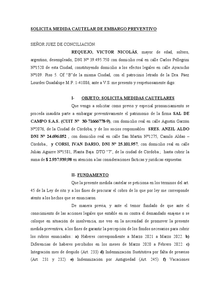 Solicita Medida Cautelar de Embargo Preventivo (1) Requejo | PDF ...
