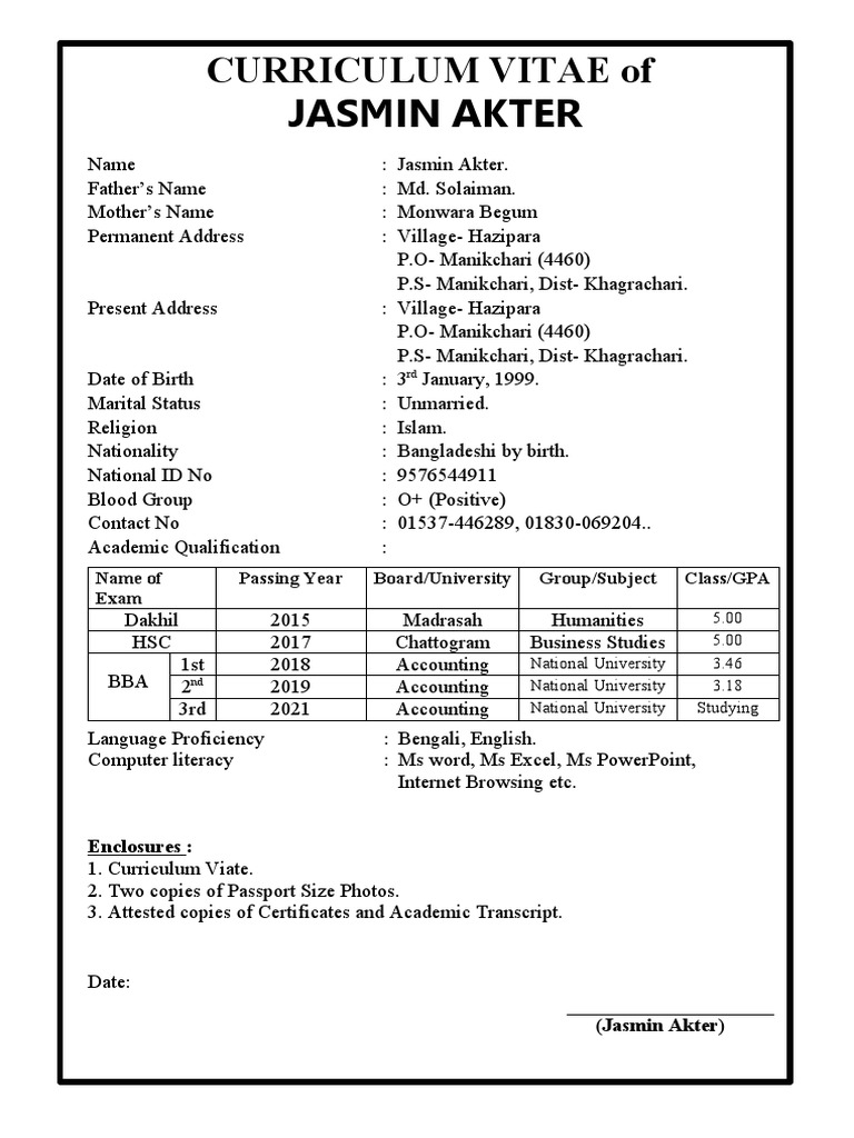 Jasmin Akter: Curriculum Vitae of | PDF