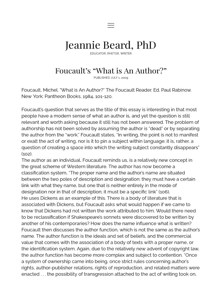 Beard - Foucault's "What Is An Author" | PDF | Discourse | Michel Foucault
