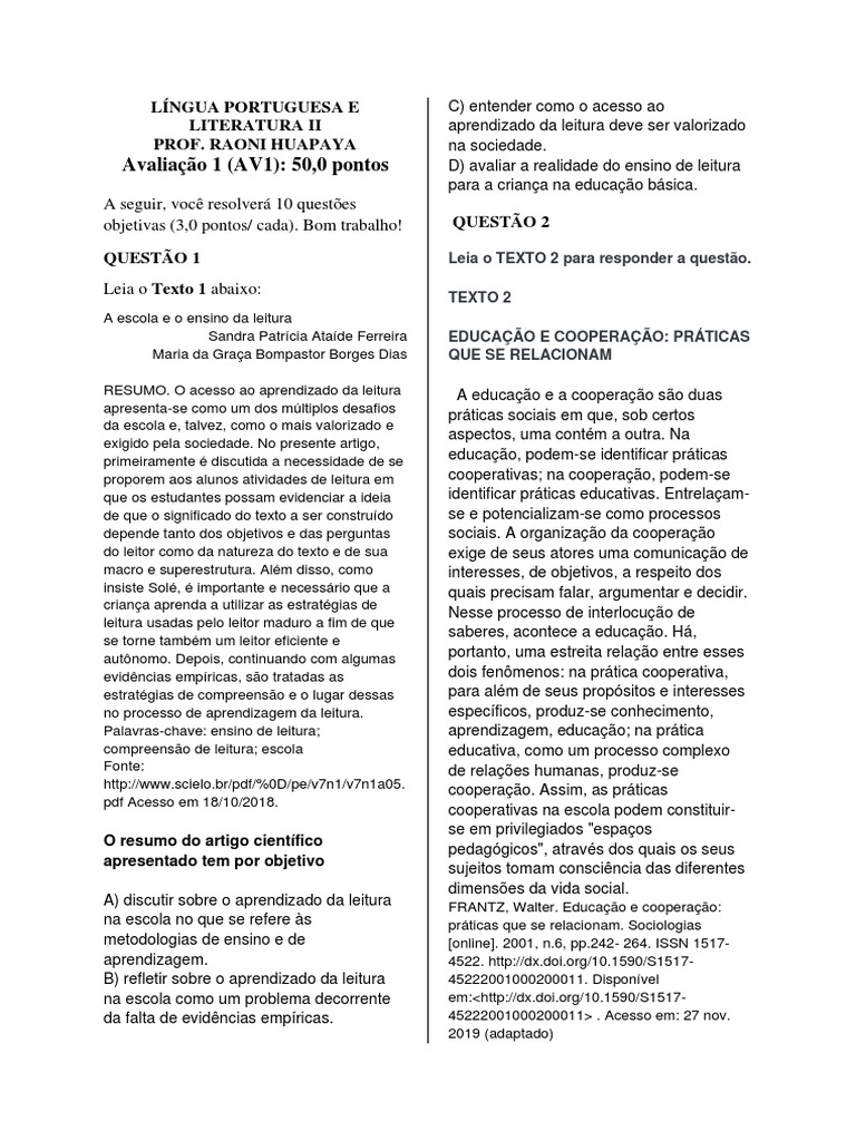 AV1 2o Ano Objetiva | PDF | Science | Aprendizado