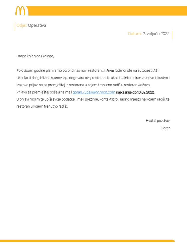 Iskazivanje Interesa Za Premještaj - McDonald's Ježevo | PDF