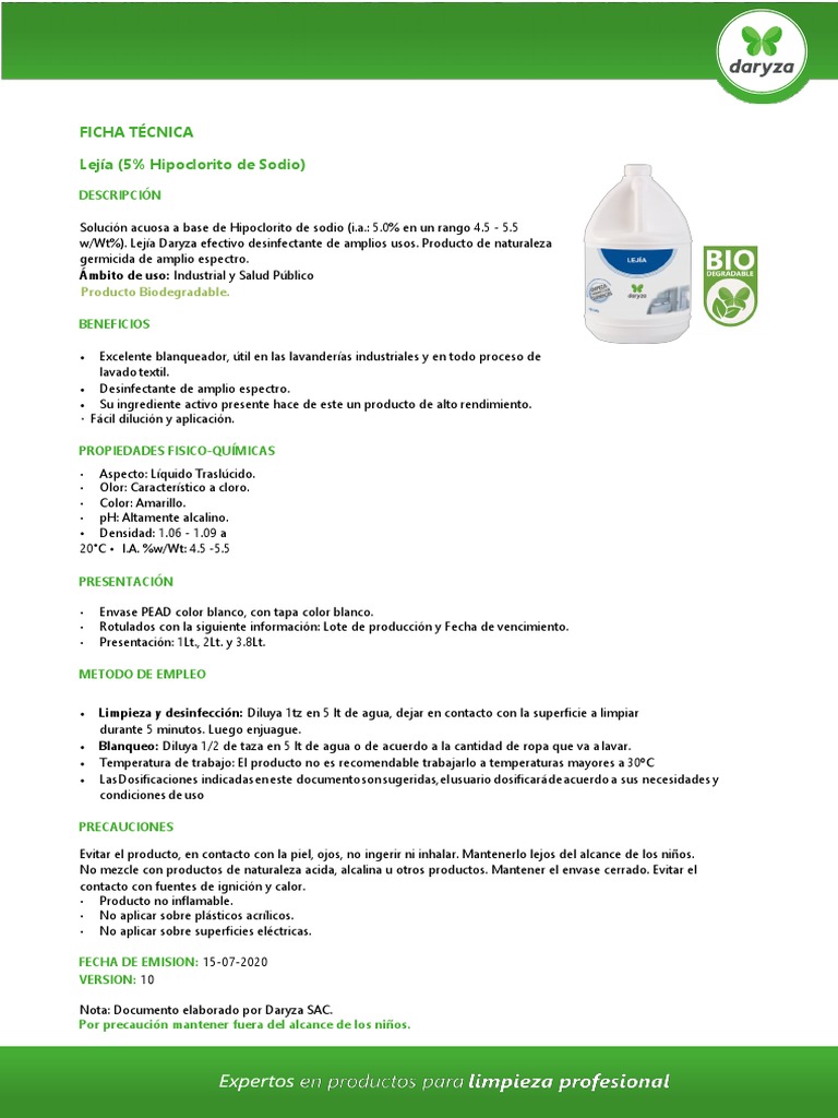 Ficha Técnica de Lejía Daryza 5% | PDF