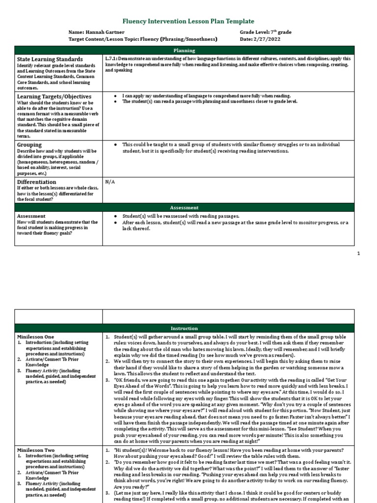 Fluency Intervention Lesson Plan Template: State Learning Standards ...