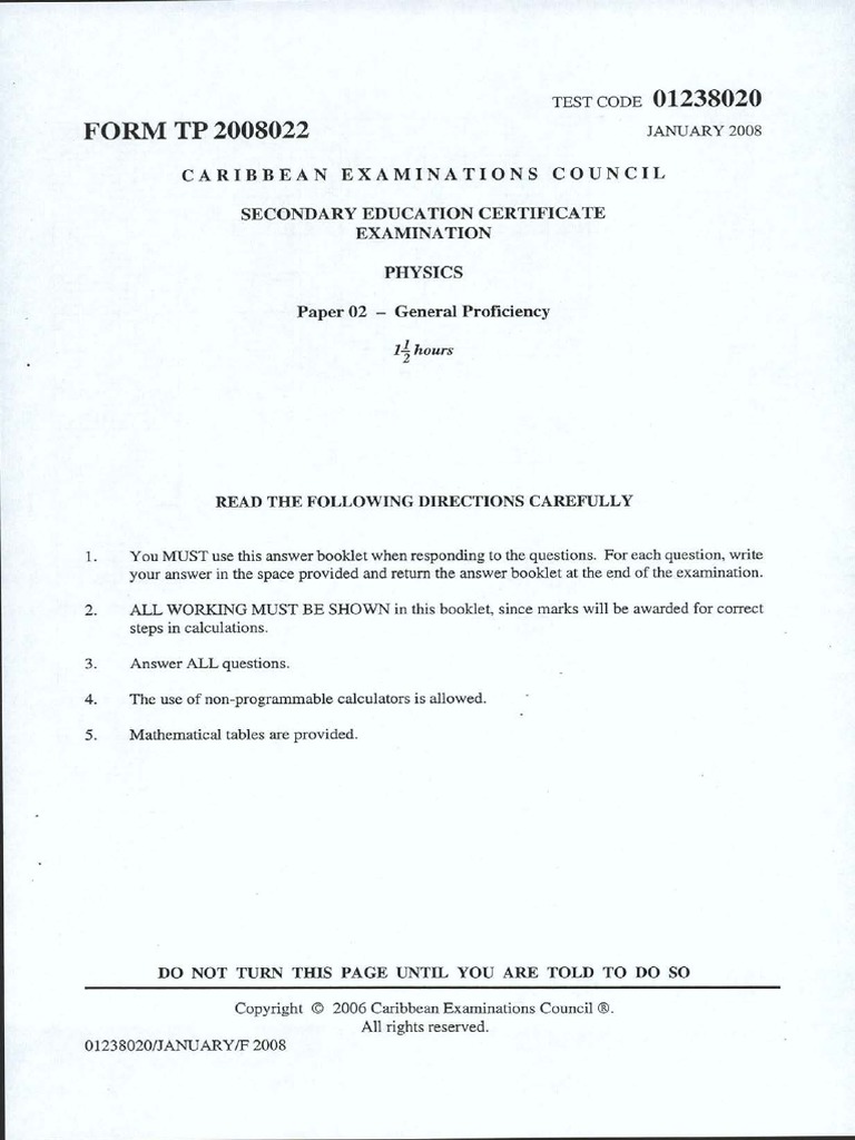 Csec 2008 Physics Jan P2 | PDF