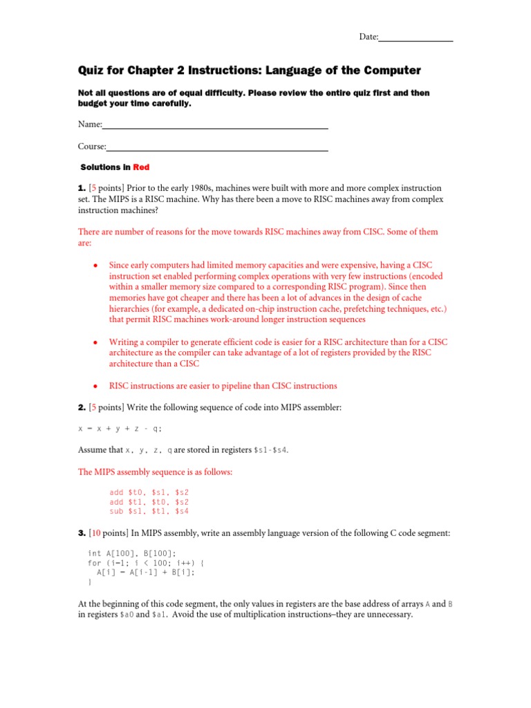 Quiz For Chapter 2 With Solutions | PDF | Assembly Language | Software ...