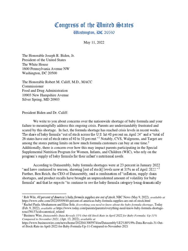 Baby Formula Letter | PDF | Infant Formula | Food And Drug Administration