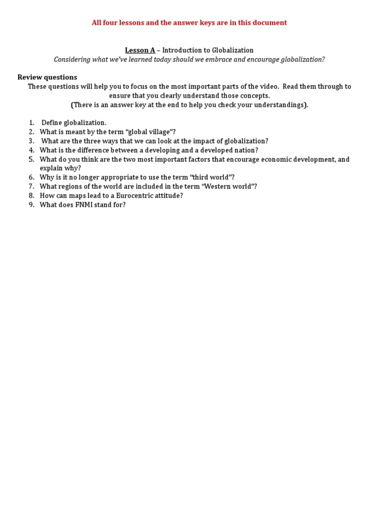 Globalization Lessons and Answer Keys | PDF | Mass Media | Globalization