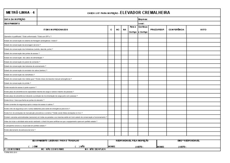 Check-List Elevador Cremalheira | PDF