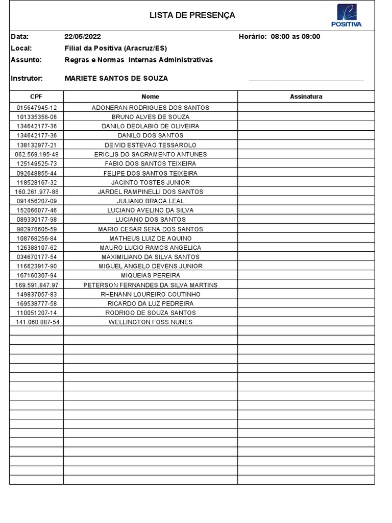 Modelo - Lista de Presença 5 | PDF | Segurança | Segurança e saúde ...