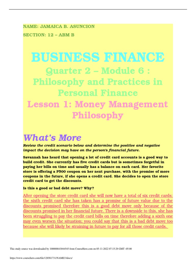 Business Finance: Quarter 2 - Module 6: Philosophy and Practices in ...