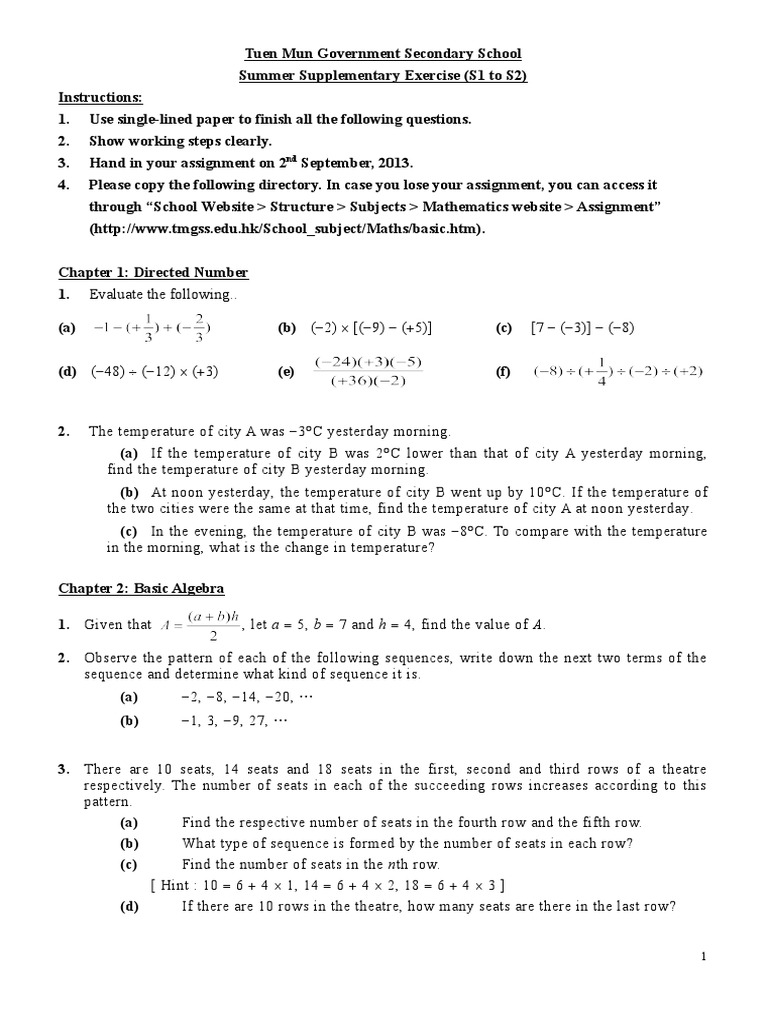 S1 to S2 Math Summer Exercises | PDF | Area | Equations