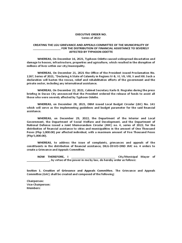EXECUTIVE ORDER Creating Grievance and Appeals Committe (GAC) | PDF ...