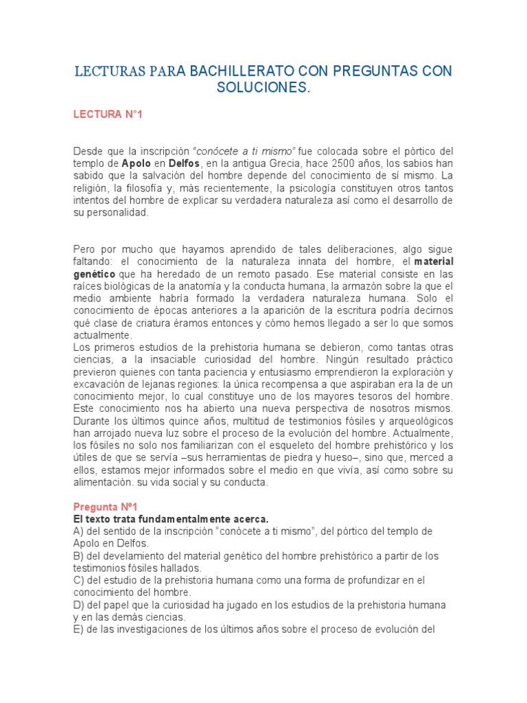 Lecturas para Bachillerato Con Preguntas Con Soluciones | PDF | Mente ...