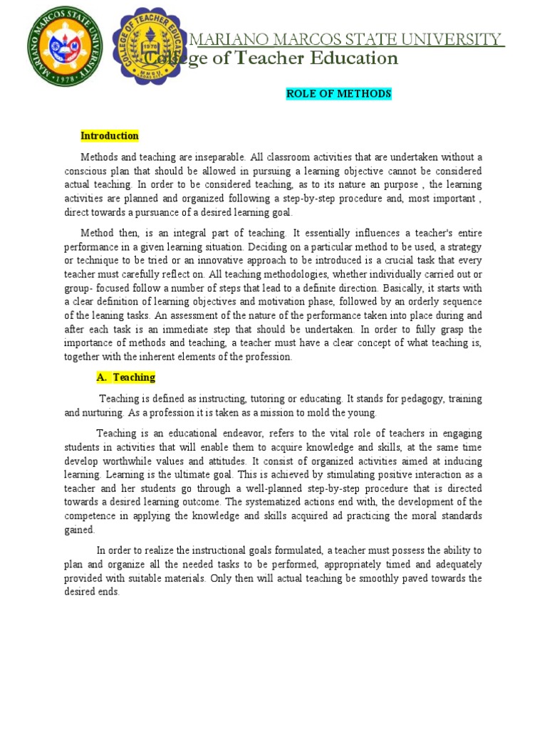 Lecture#1 - Role-Of-Methods | PDF | Learning | Teachers