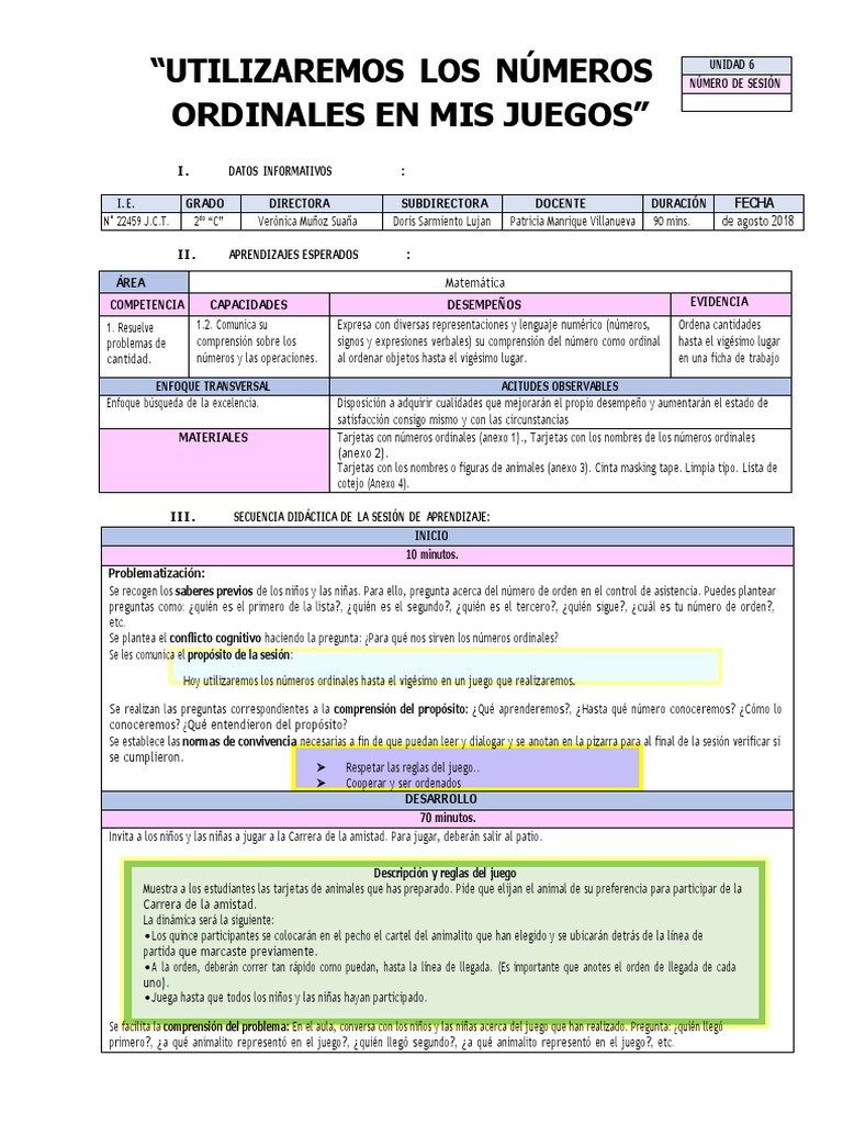 Sesion de Aprendizaje Numeros Ordinales | PDF | Modificación de ...