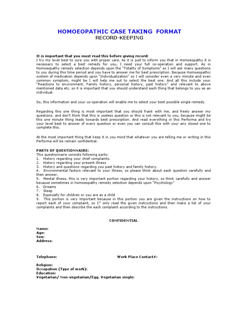 Homoeopathic Case Taking | Download Free PDF | Homeopathy | Taste