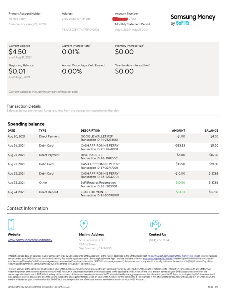 Samsung Money by Sofi Statement 2021-08-31 | PDF | Debit Card | Interest