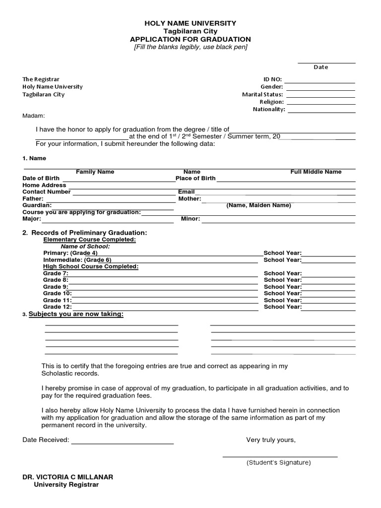 Holy Name University Tagbilaran City Application For Graduation | PDF ...