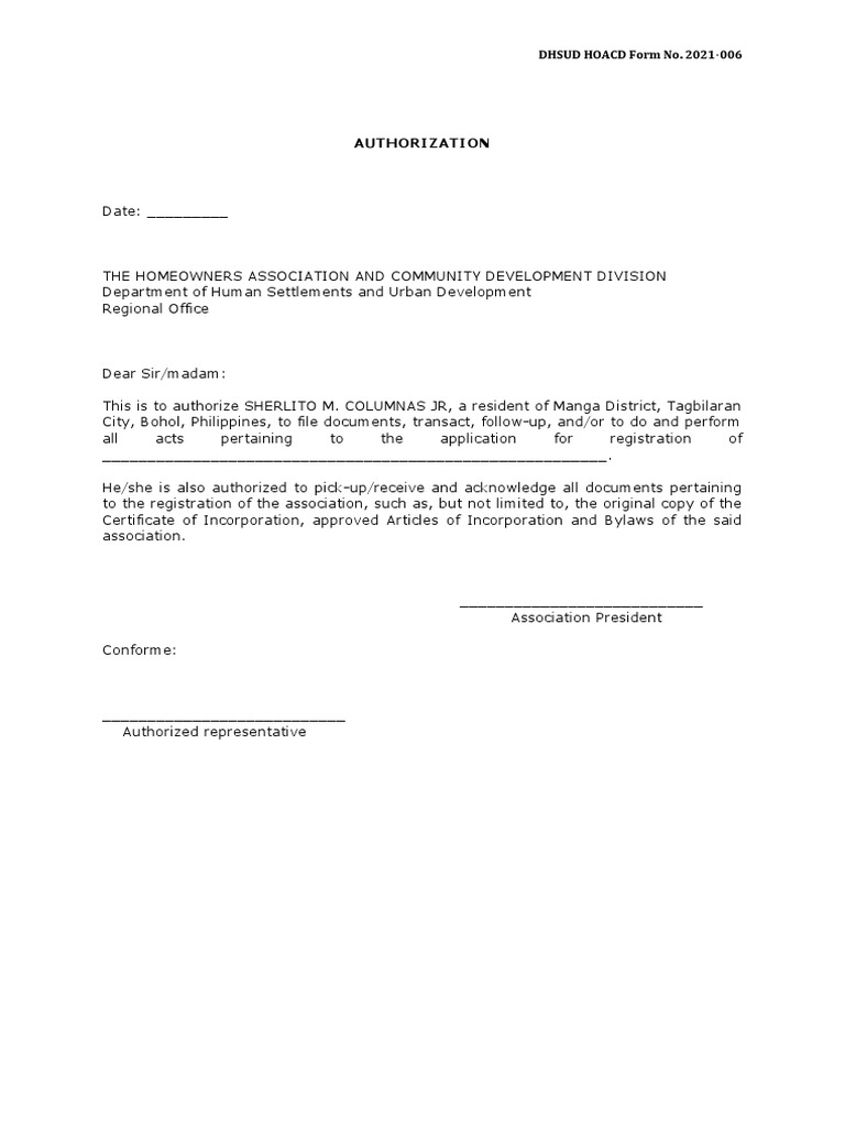 Authorization: DHSUD HOACD Form No. 2021-006 | PDF