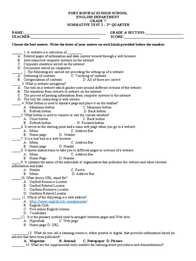 Grade 7 - Modular Summative Test 2 - Q2 | PDF | Websites | World Wide Web