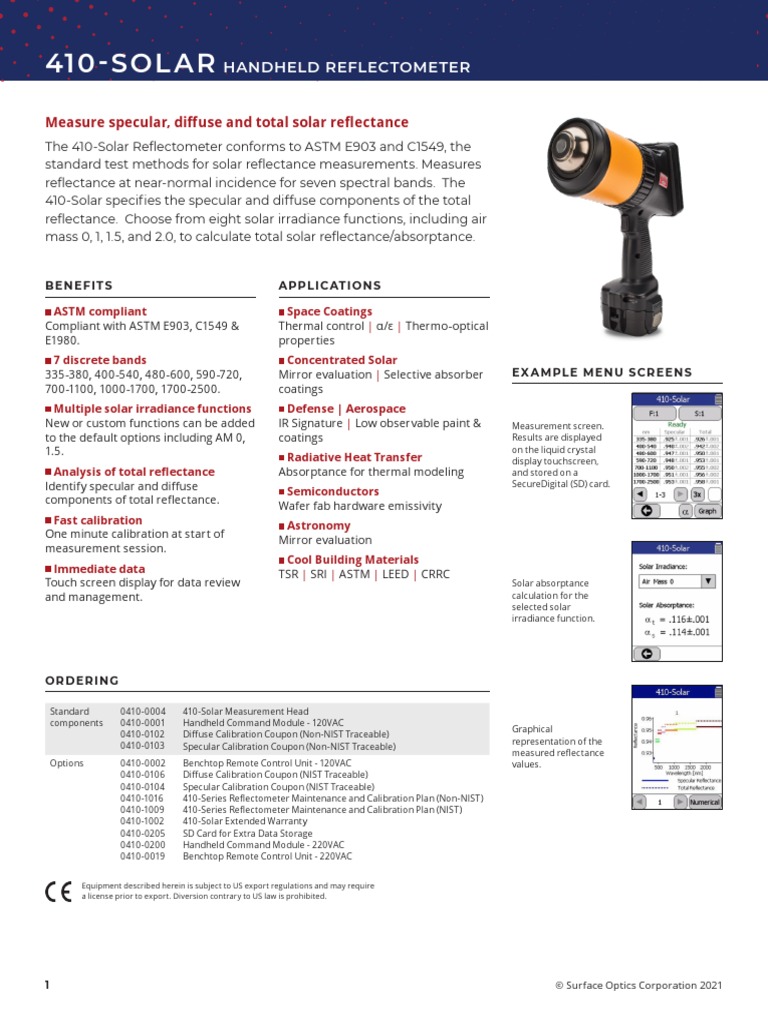 410-SOL AR: Handheld Reflectometer | PDF | Reflectance | Calibration