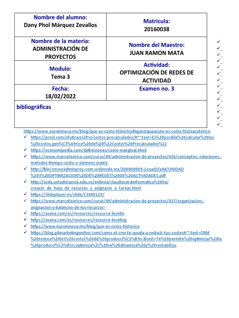 Examen 3. Administración de Proyectos - Dany Márquez 20160038 | PDF | Planificación estratégica ...