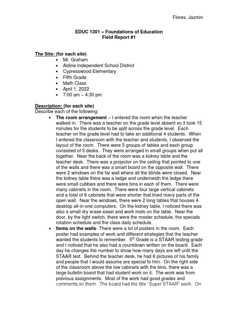 Educ 1301 Field Experience 1 Flores Jazmin | PDF | Special Education | Classroom