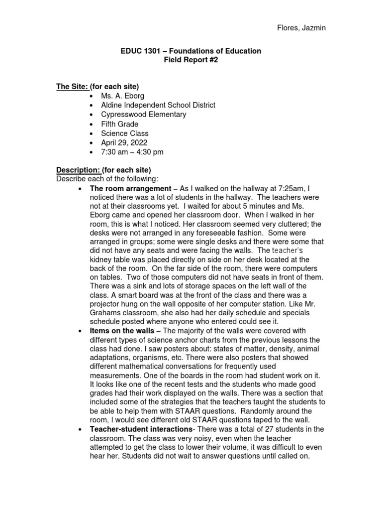 Educ 1301 Field Experience 2 Flores Jazmin | PDF | Classroom | Teachers