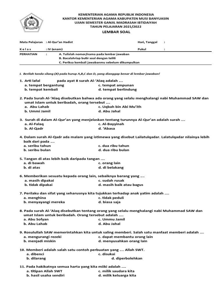 Lembar Soal Al-Qur'an Kelas 3 2019 ADI KESUMA | PDF