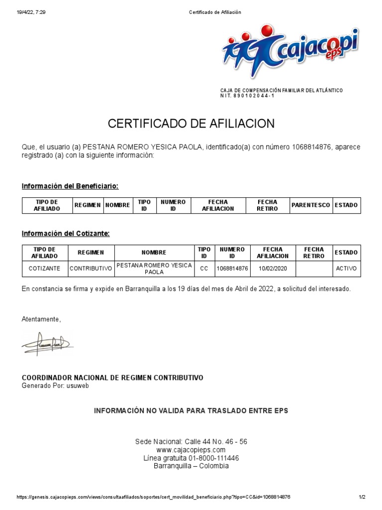 Certificado de Afiliación Caja | PDF | Cuidado de la salud | Colombia