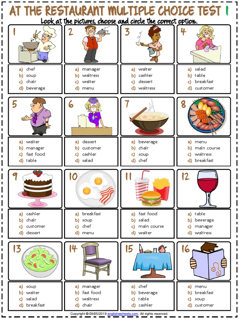 Restaurant Vocabulary Esl Multiple Choice Tests For Kids | PDF ...