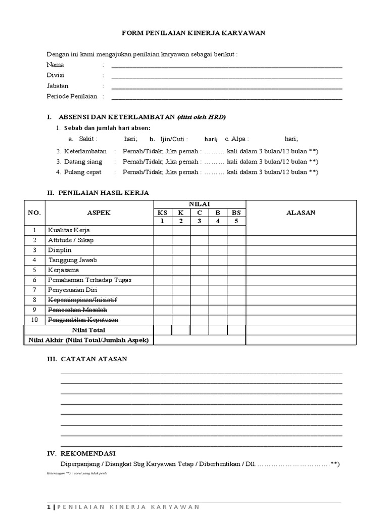 Form Penilaian Kinerja Karyawan 2020 | PDF