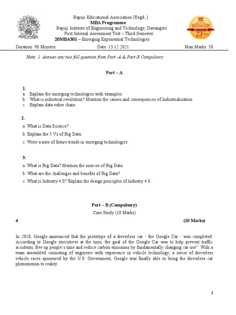 Question Paper: Emerging Exponential Technologies | PDF | Waymo | Big Data