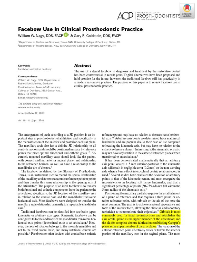 Facebow Use in Clinical Prosthodontic Practice: Keywords | PDF ...