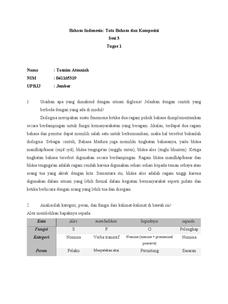 Tugas 1 - Bahasa Indonesia Tata Bahasa Dan Komposisi - Tasnim Atsaniah | PDF