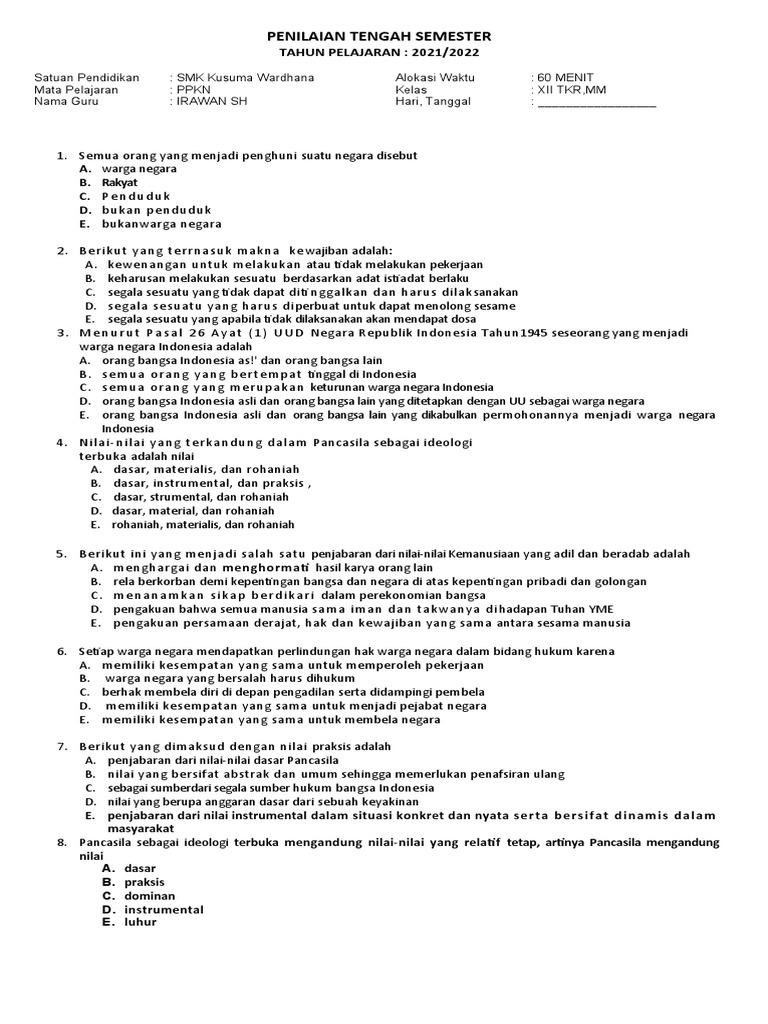 Soal PTS PPKN Kelas Xii SMT 1 | PDF